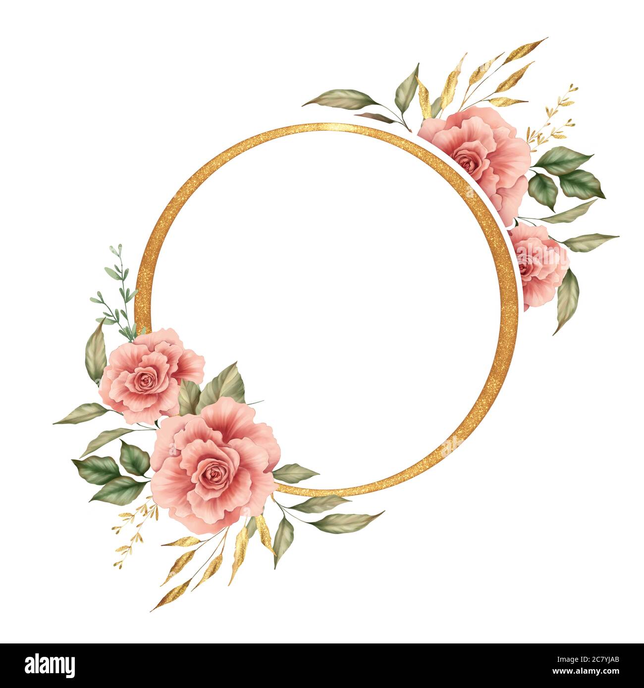 Watercolor flowers and gold round frame Stock Photo - Alamy