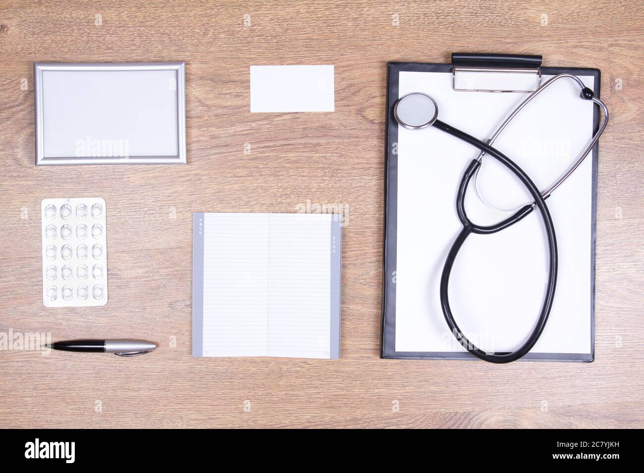 doctor's desktop with stethoscope and office supplies Stock Photo - Alamy