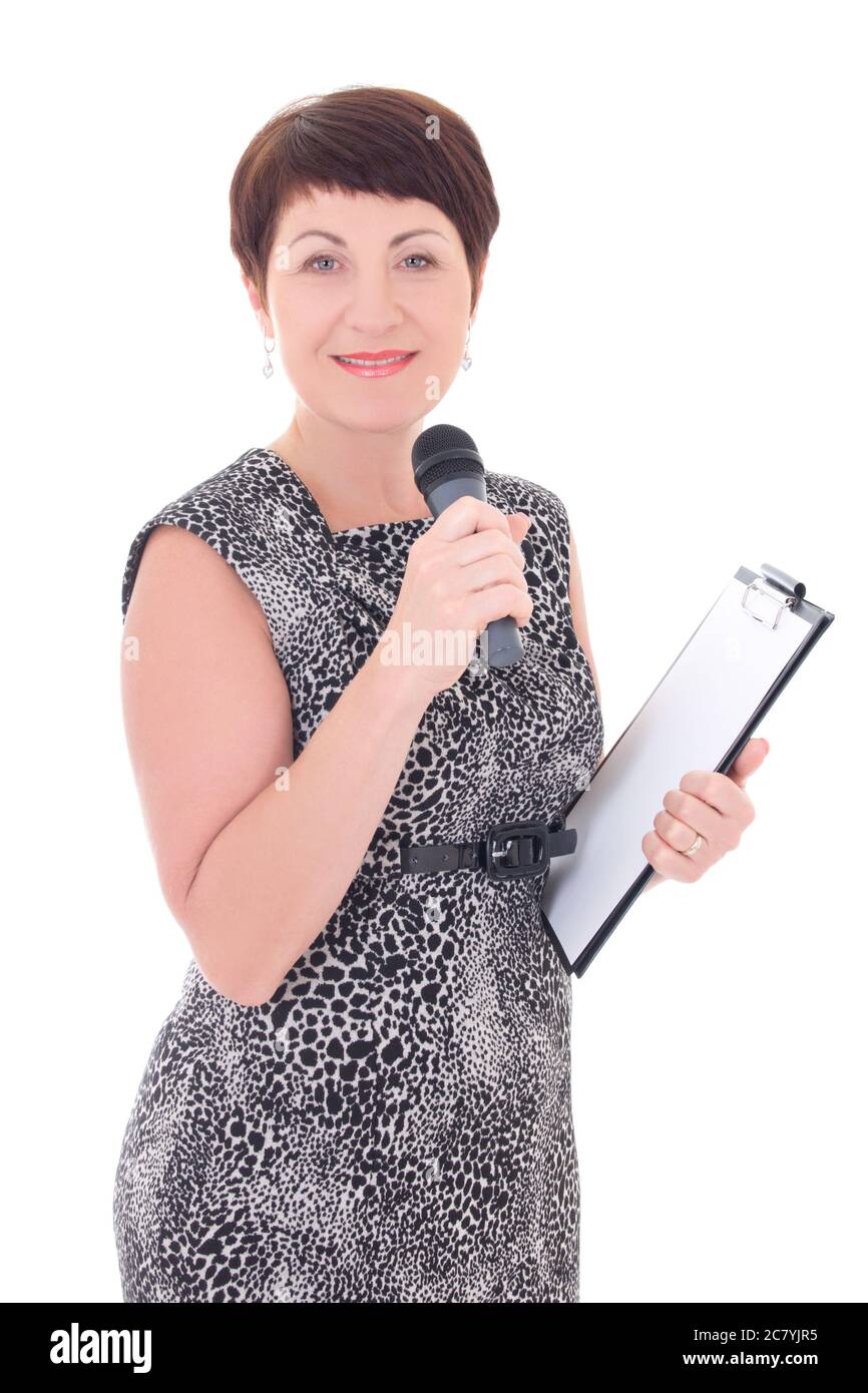 attractive middle aged reporter with microphone isolated on white ...