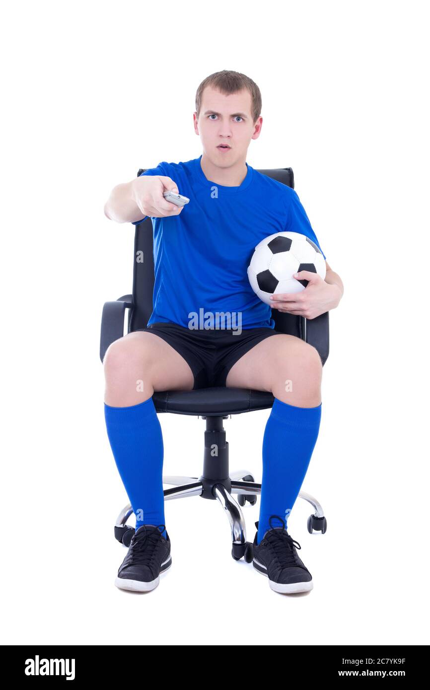 shocked man with remote control watching soccer game isolated on white ...