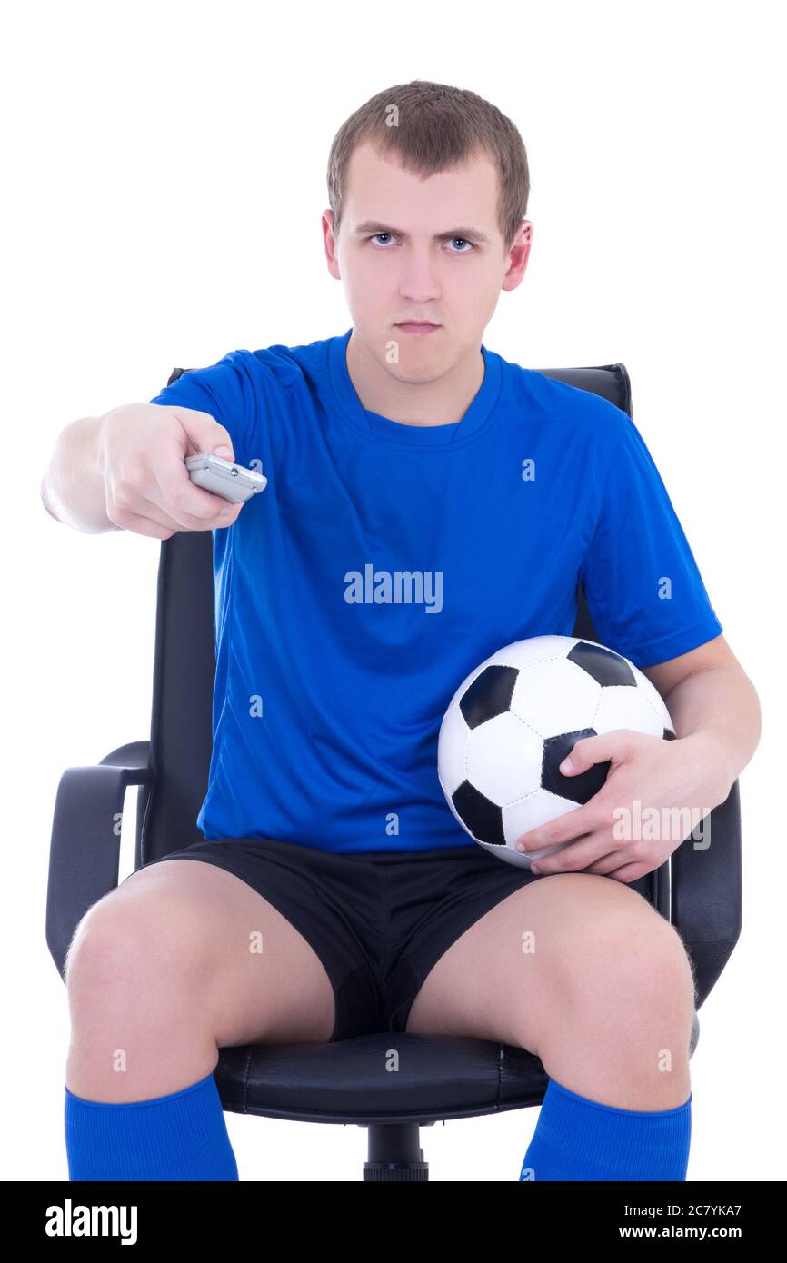 man with remote control watching football game isolated on white ...