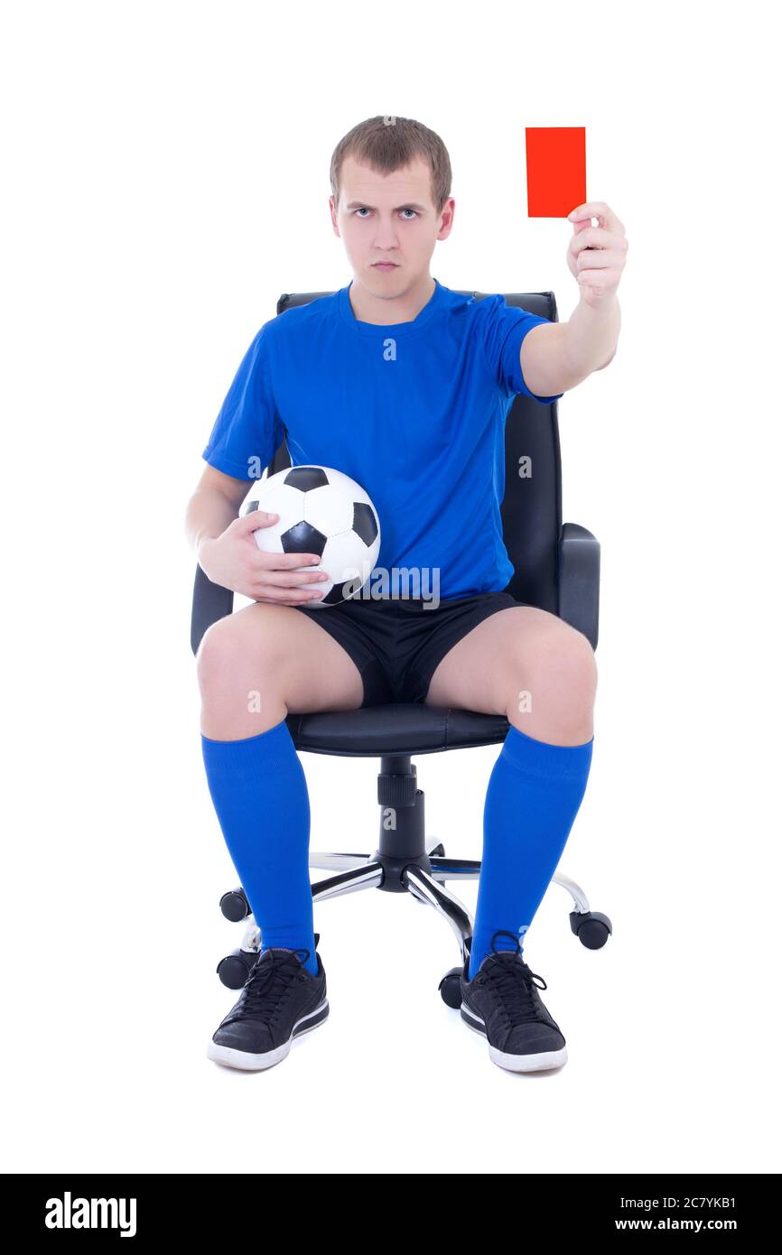 angry man in uniform watching football game and showing red card ...
