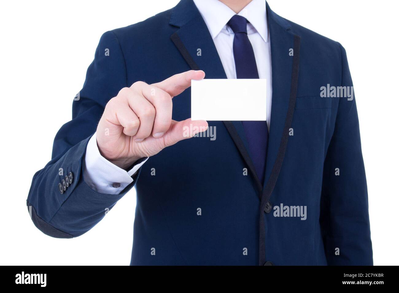 close up of visiting card in businessman's hand isolated on white ...