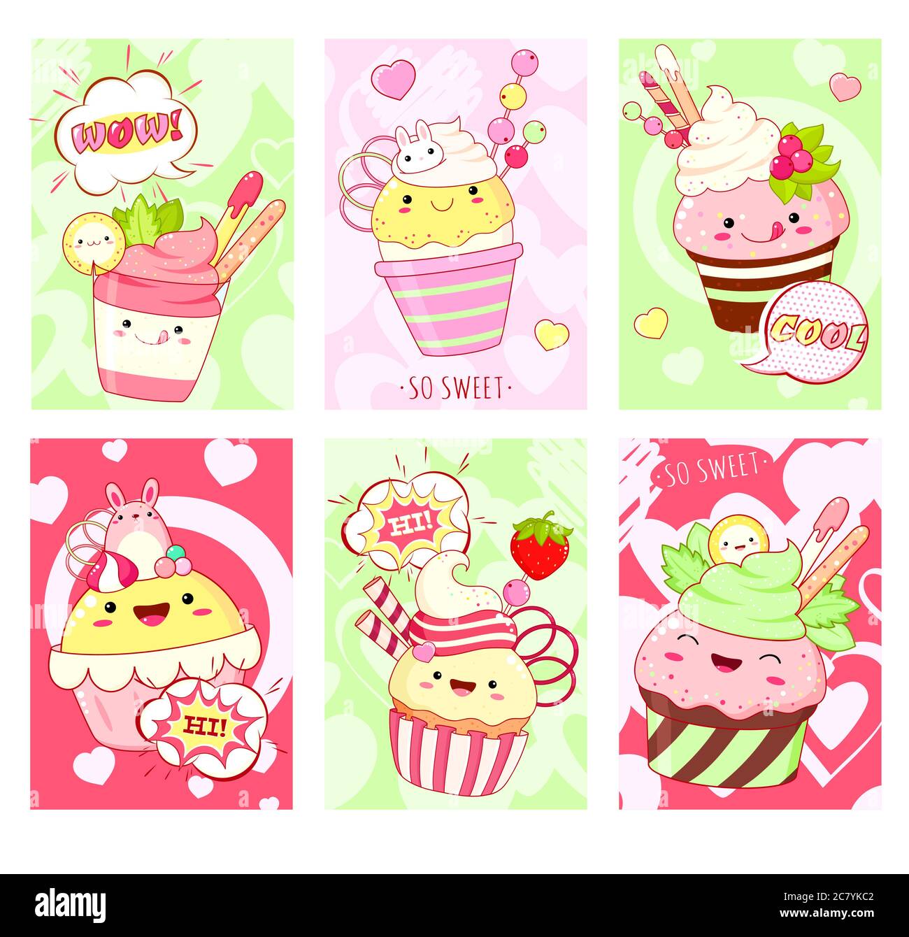 Set of cards with cute sweet desserts in kawaii style with smiling face ...