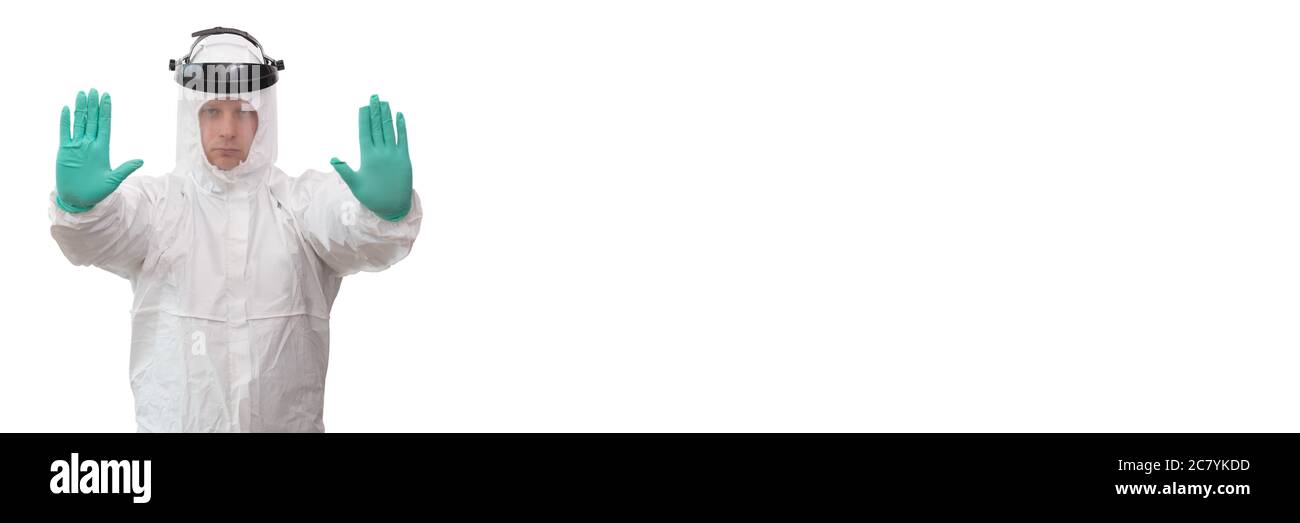 Man scientists wear protective clothing on the white background Stock ...