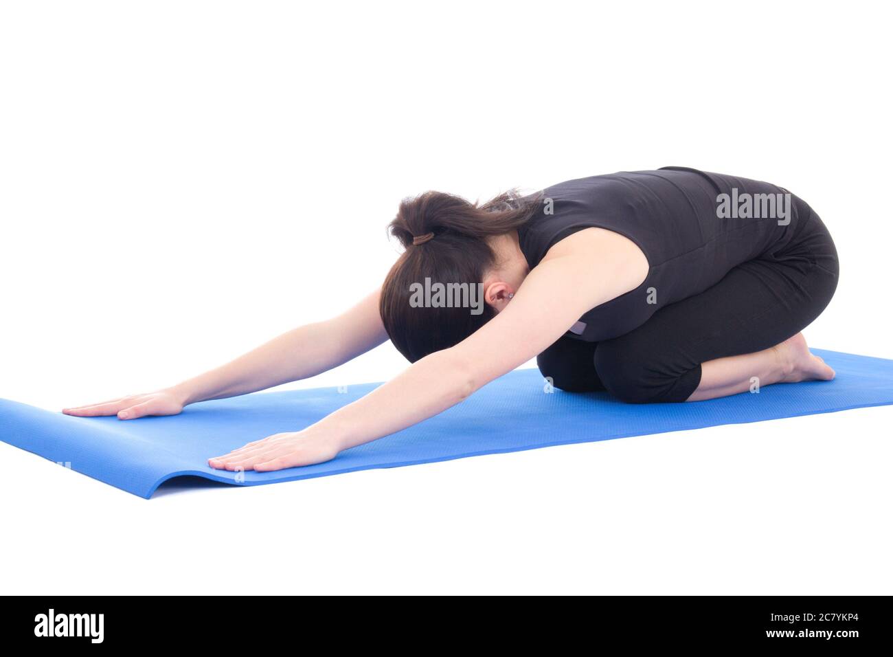 sporty woman doing exercise on the floor isolated on white background ...