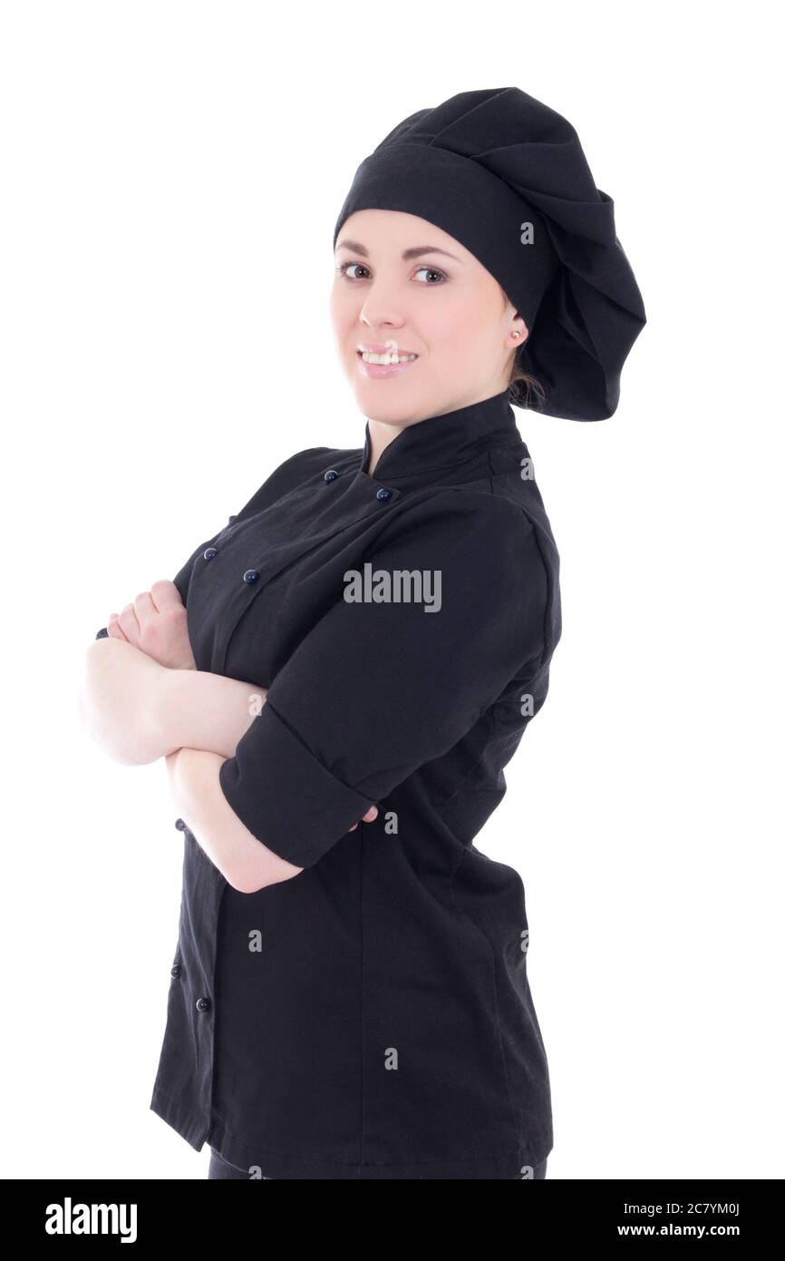young attractive cook woman in black uniform isolated on white ...