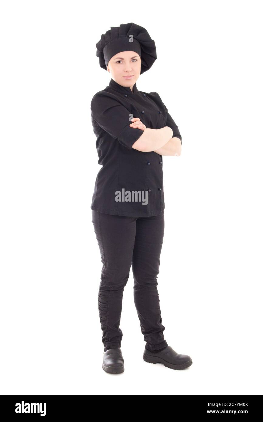 attractive cook woman in black uniform isolated on white background ...