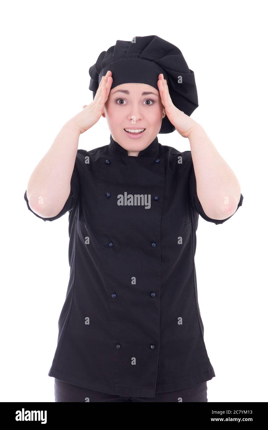 excited cook woman in black uniform isolated on white background Stock ...