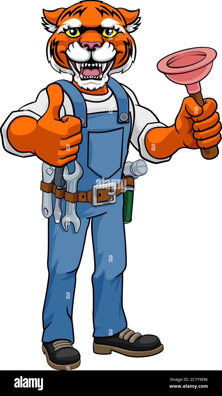 Tiger Plumber Cartoon Mascot Holding Plunger Stock Vector Image & Art ...