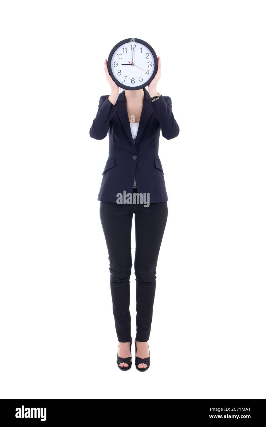 business woman with clock covering face isolated on white background ...