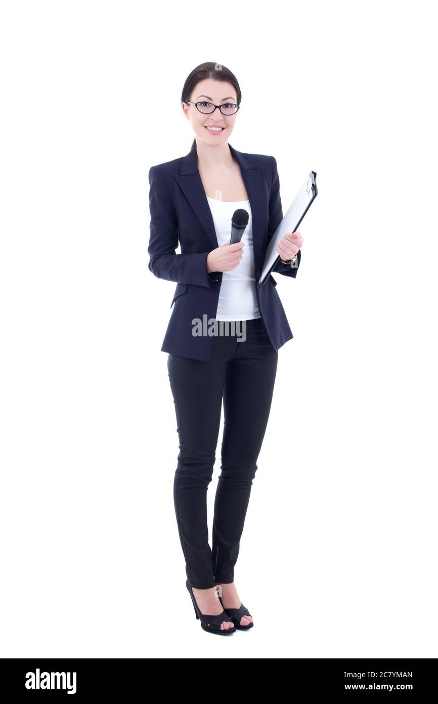 female journalist with microphone and clipboard isolated on white ...
