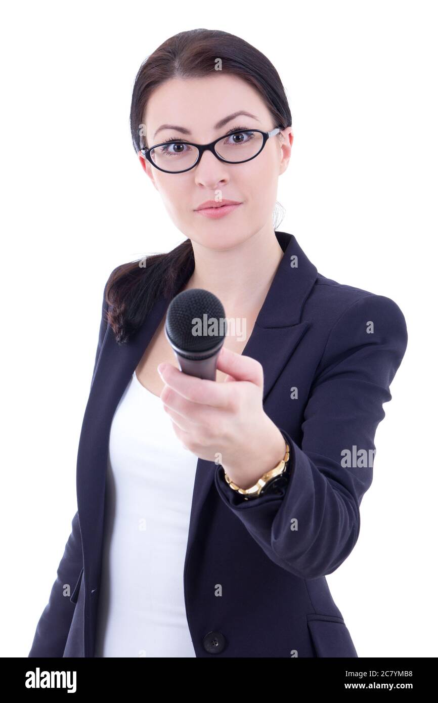 young female journalist with microphone taking interview isolated on ...