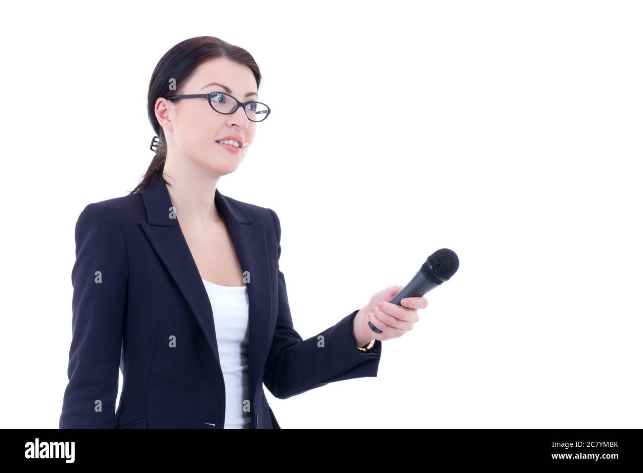 female reporter with microphone isolated on white background Stock ...