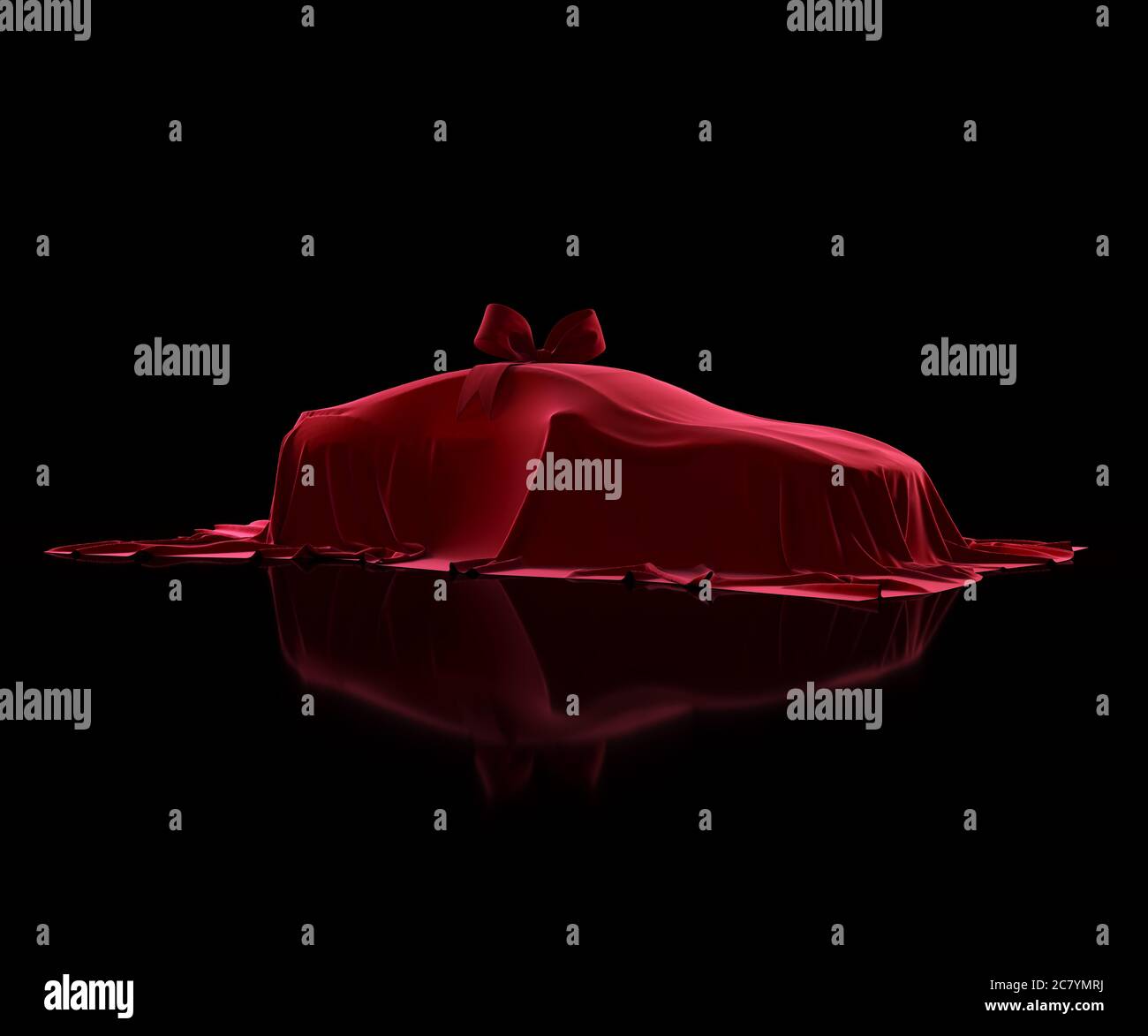 Luxury car prize covered with premium fabric on a black background. Red ...