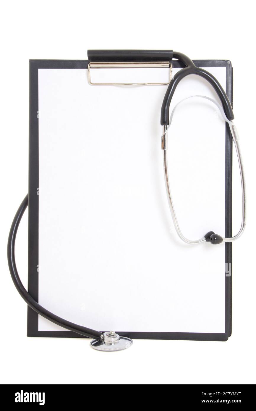 Black Plastic Clipboard With Blank Paper Sheet And Stethoscope Isolated