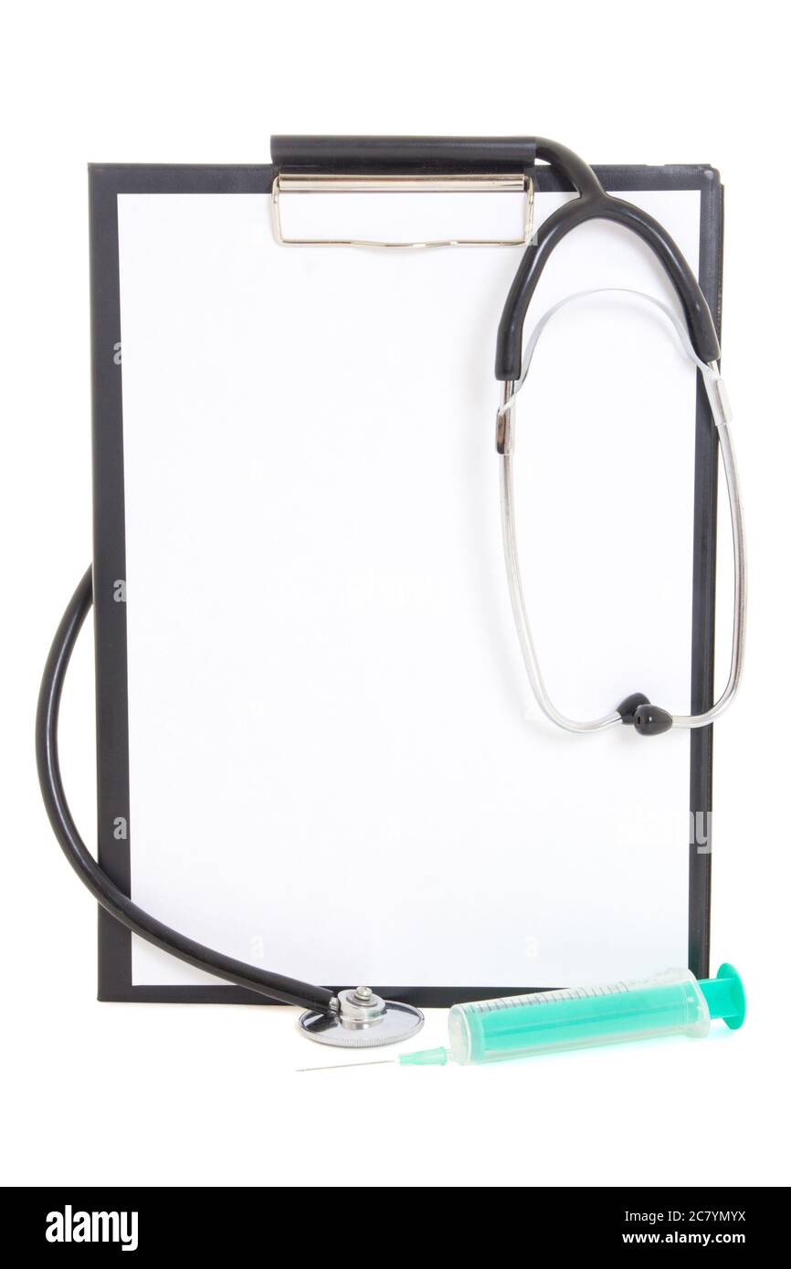 Plastic Clipboard With Blank Paper Sheet Syringe And Stethoscope