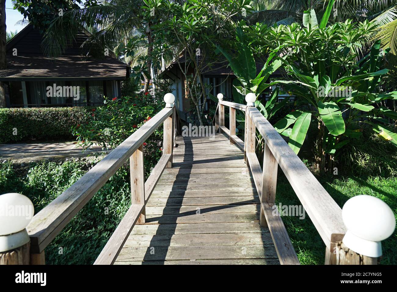 Wooden bridge among green nature to hotel villa Stock Photo - Alamy