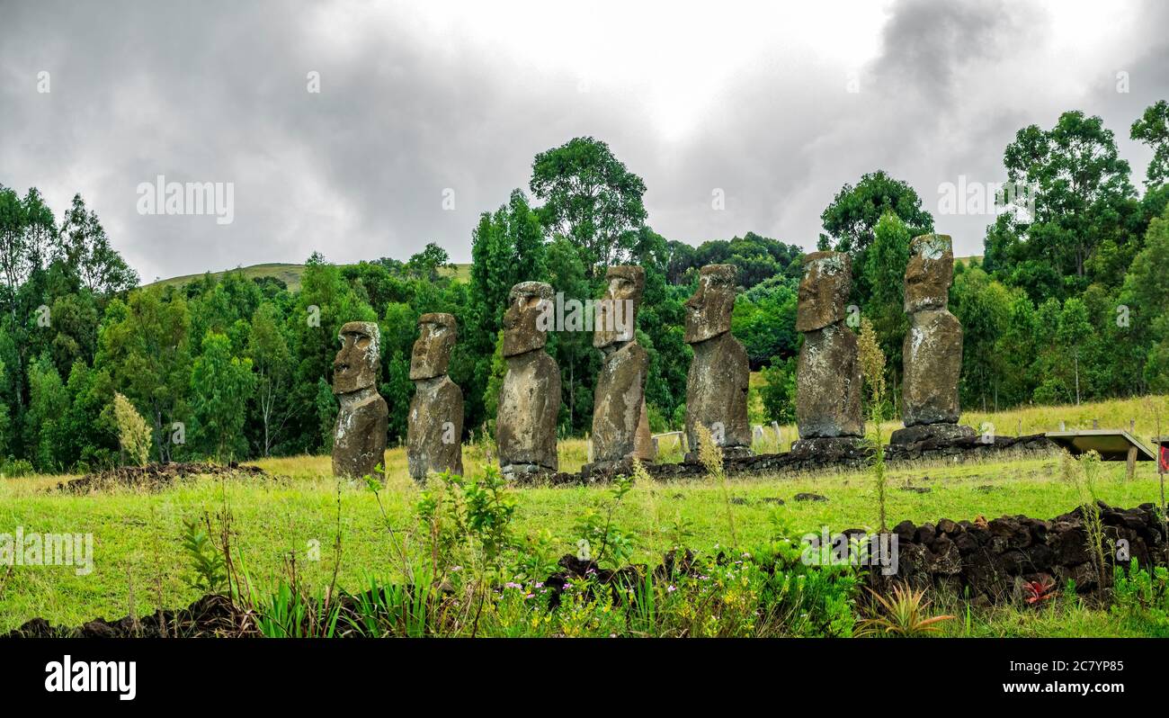 Moai platform in Rapa Nui under cloudy sky with text space Stock Photo ...