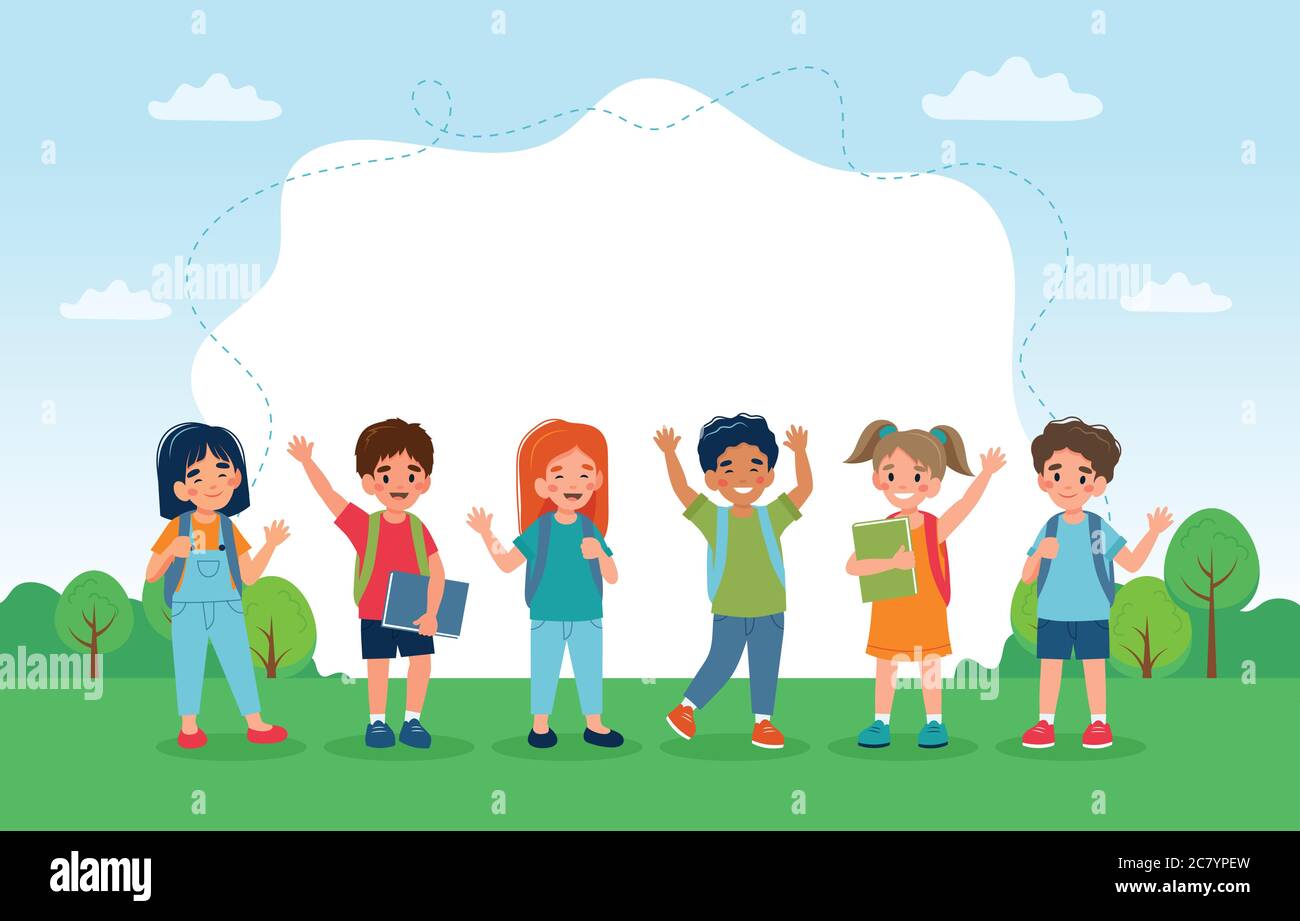 Children back to school, set of cute characters and copy space. Vector ...