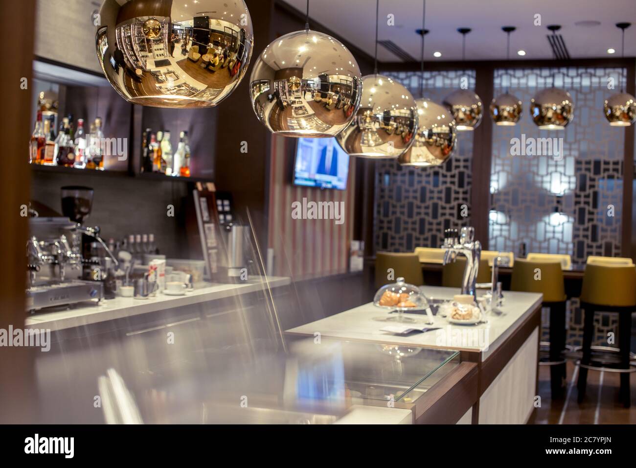 Restaurant kitchen interior: bar counter made of natural stone, fences ...