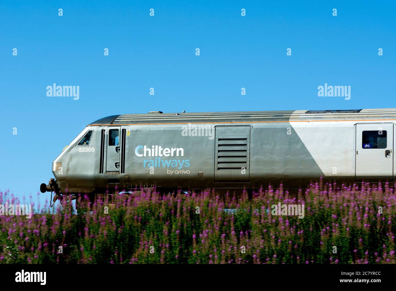 Chiltern Railways Mainline train, side view with lineside flowers ...