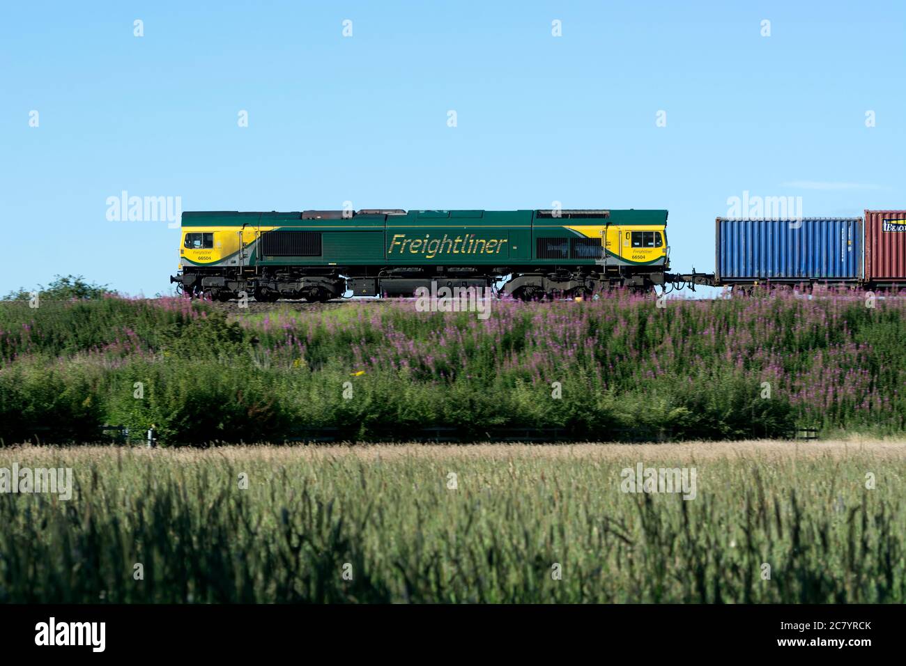 Class 66 diesel locomotive No. 66504 pulling a freightliner train, side ...