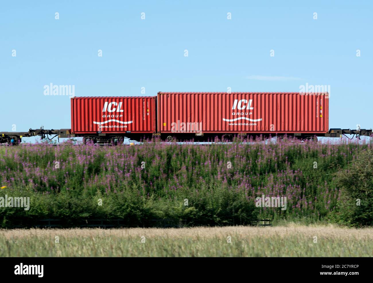 ICL Group shipping containers on a freightliner train, Warwickshire, UK ...