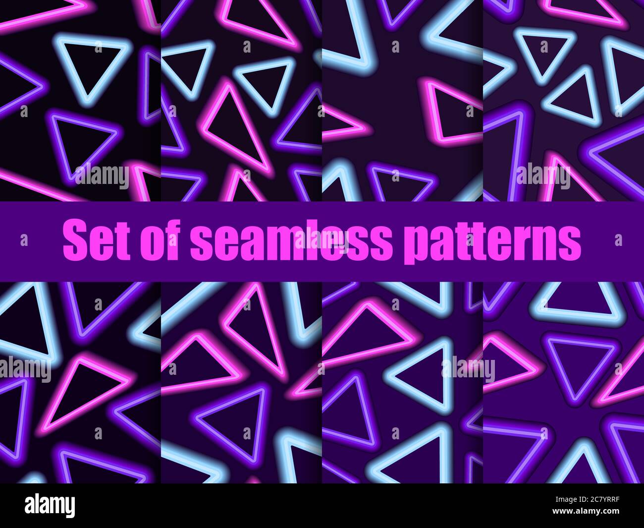 Neon triangles seamless patterns set. 80s retro sci-fi background ...