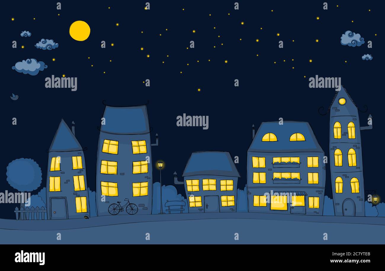 Cute cartoon street at night Stock Photo - Alamy
