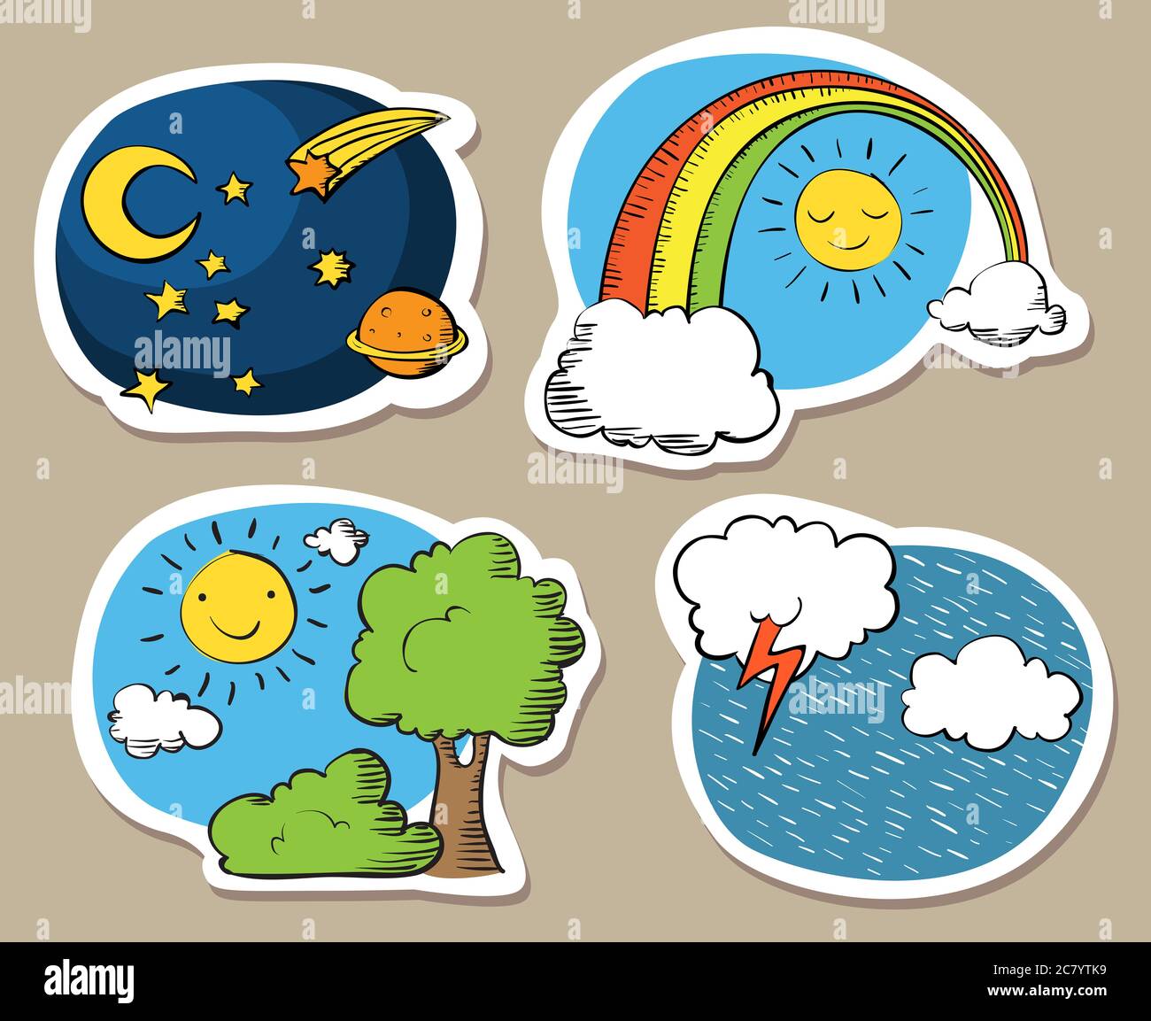 Set of cute cartoon skies, with sun, rainbow, rain and night sky Stock ...