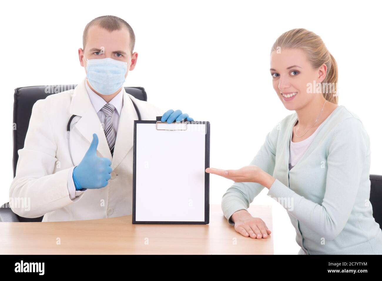 female patient and doctor holding folder with copyspace isolated on ...