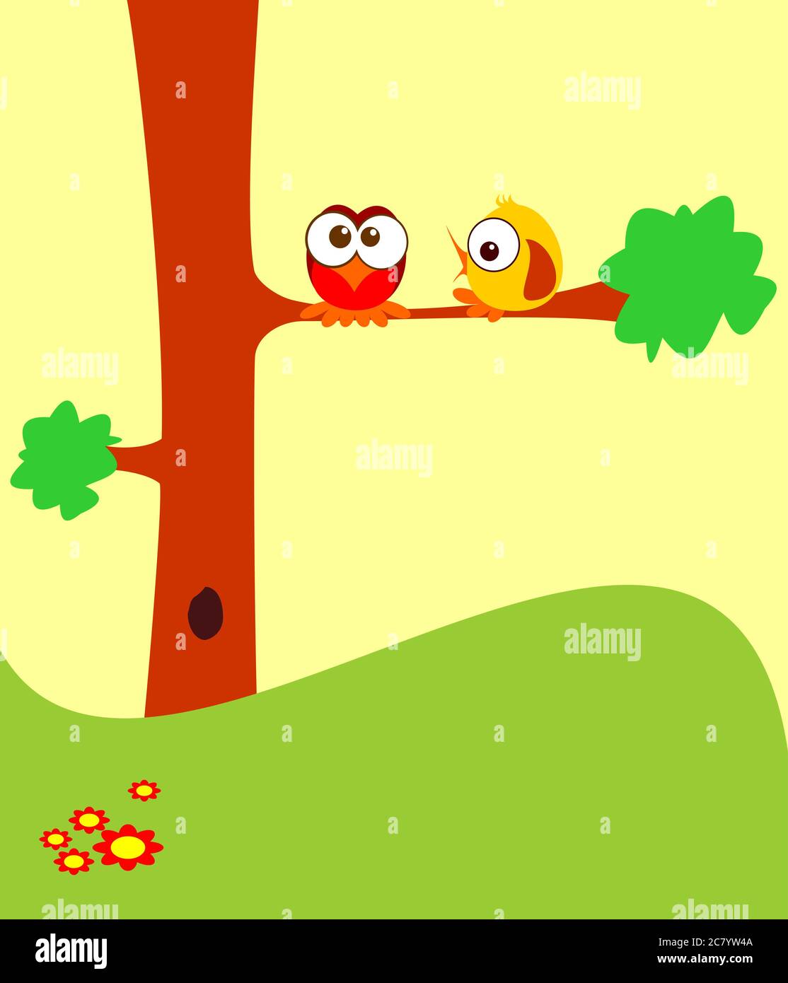 Two cartoon birds sitting on a tree Stock Photo - Alamy