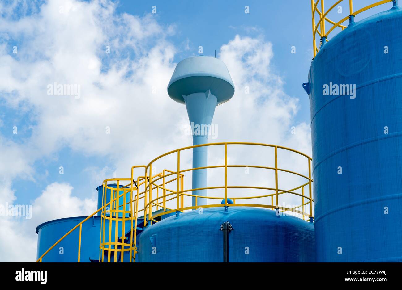 Closeup fuel storage tank in petroleum refinery. Blue big tank of oil ...
