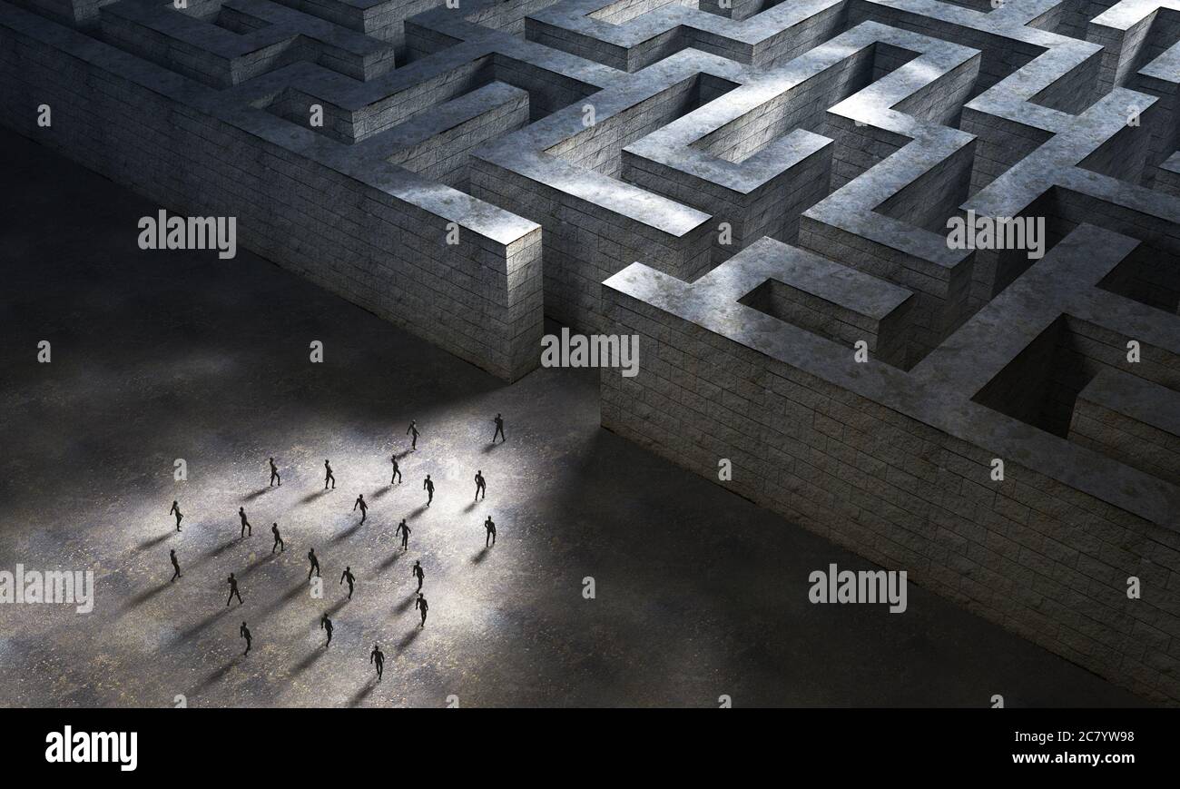 A group of people heading towards the entrance to a large maze. 3D ...