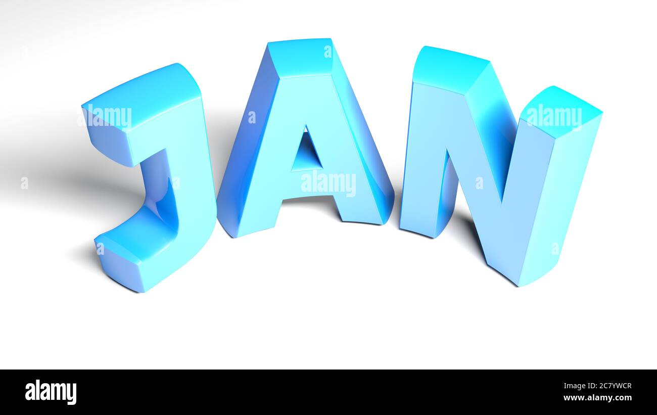 JAN for january, blue on white background - 3D rendering illustration ...