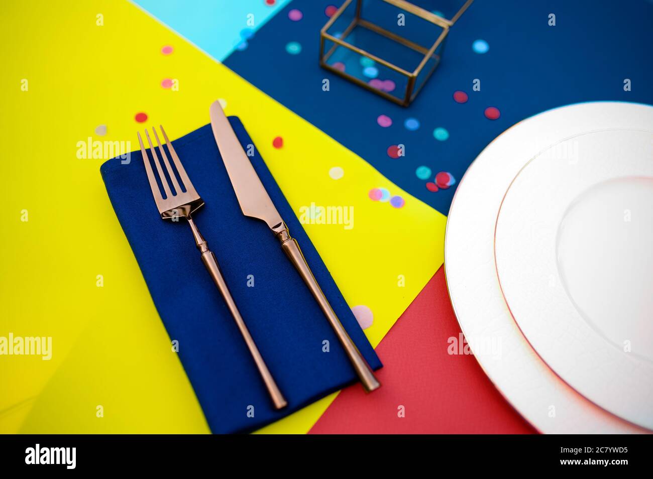 Table setting, silverware and plate closeup Stock Photo - Alamy