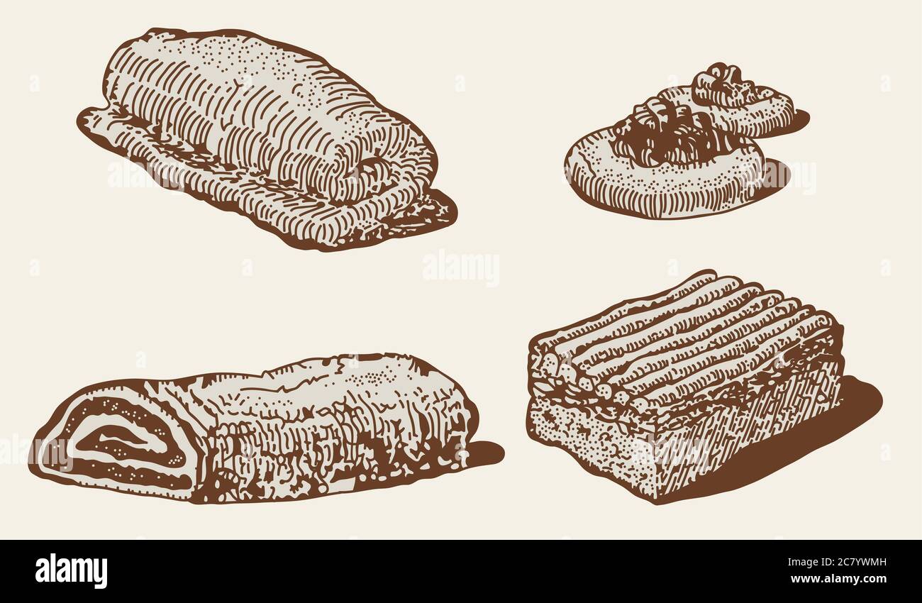 Engraving style pastry set Stock Photo - Alamy