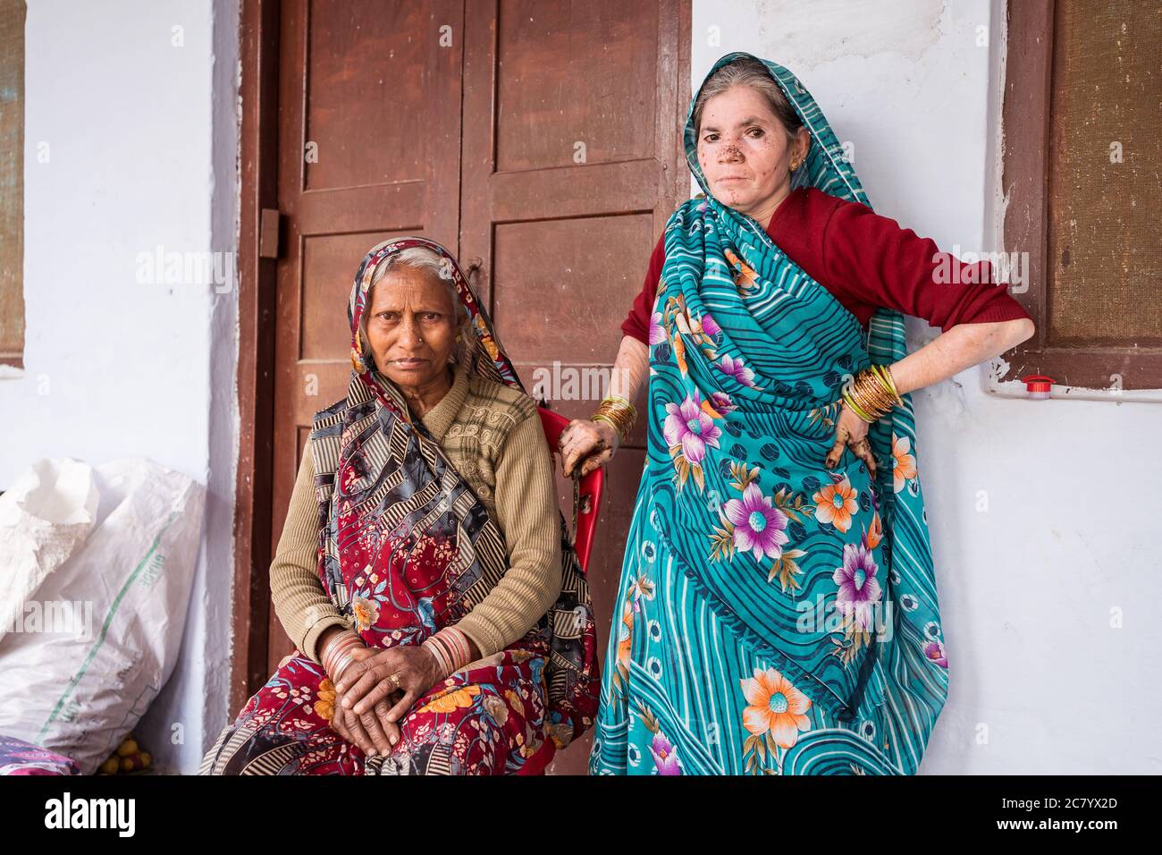 Agra / India - February 13, 2020: portrait of two Indian old woman with ...