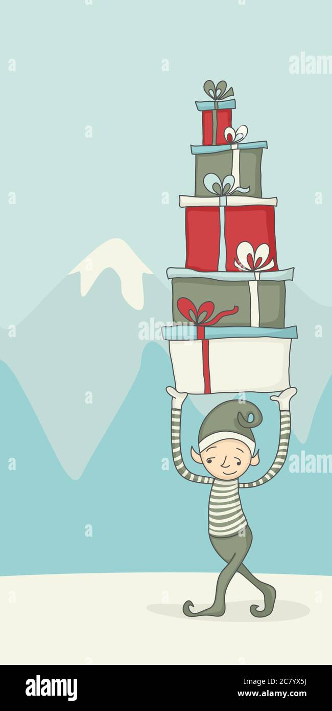 Cartoon of an elf carrying gift boxes for Christmas Stock Photo - Alamy