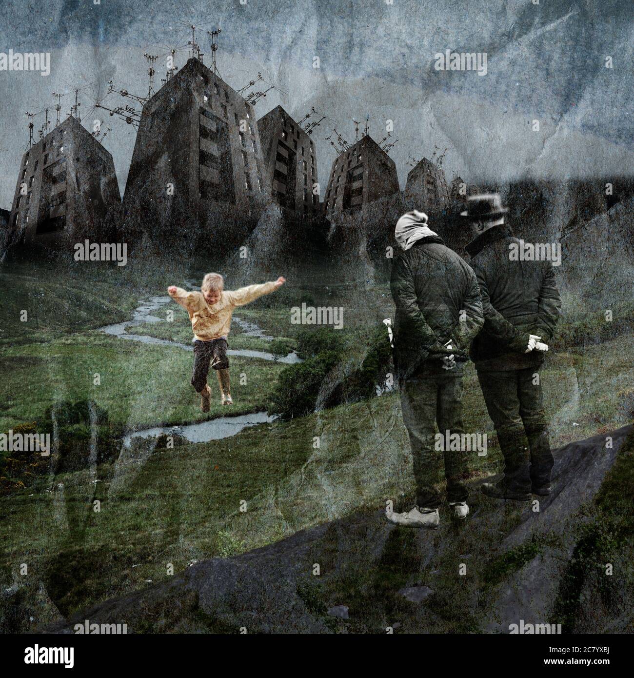 Collage of boy jumping across a river landscape with menacing buildings ...
