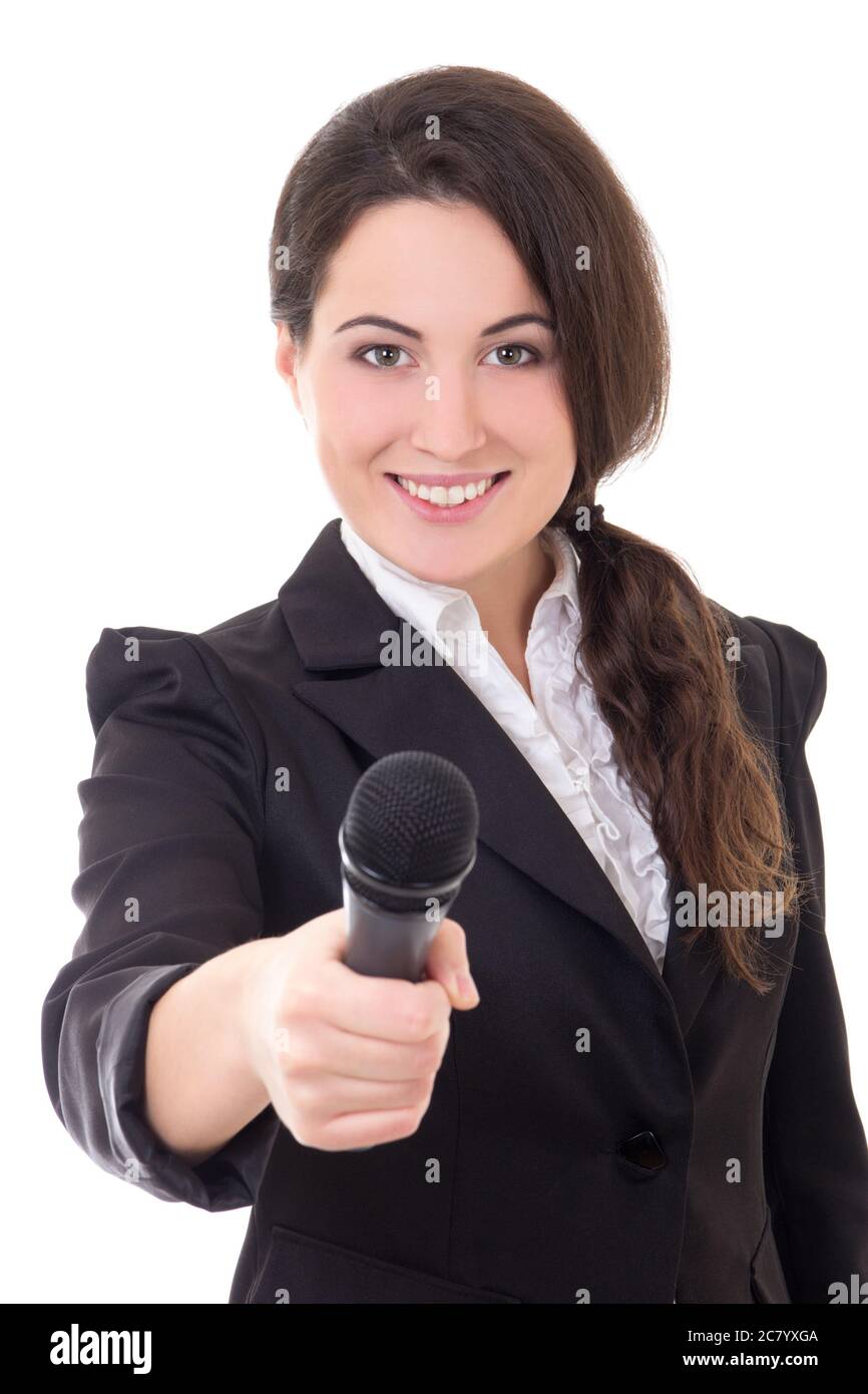 young beautiful female reporter with microphone isolated on white background Stock Photo - Alamy