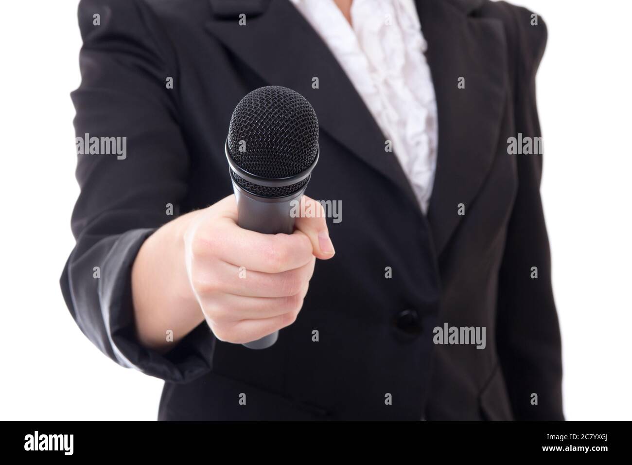 microphone in female reporter's hand over white background Stock Photo ...