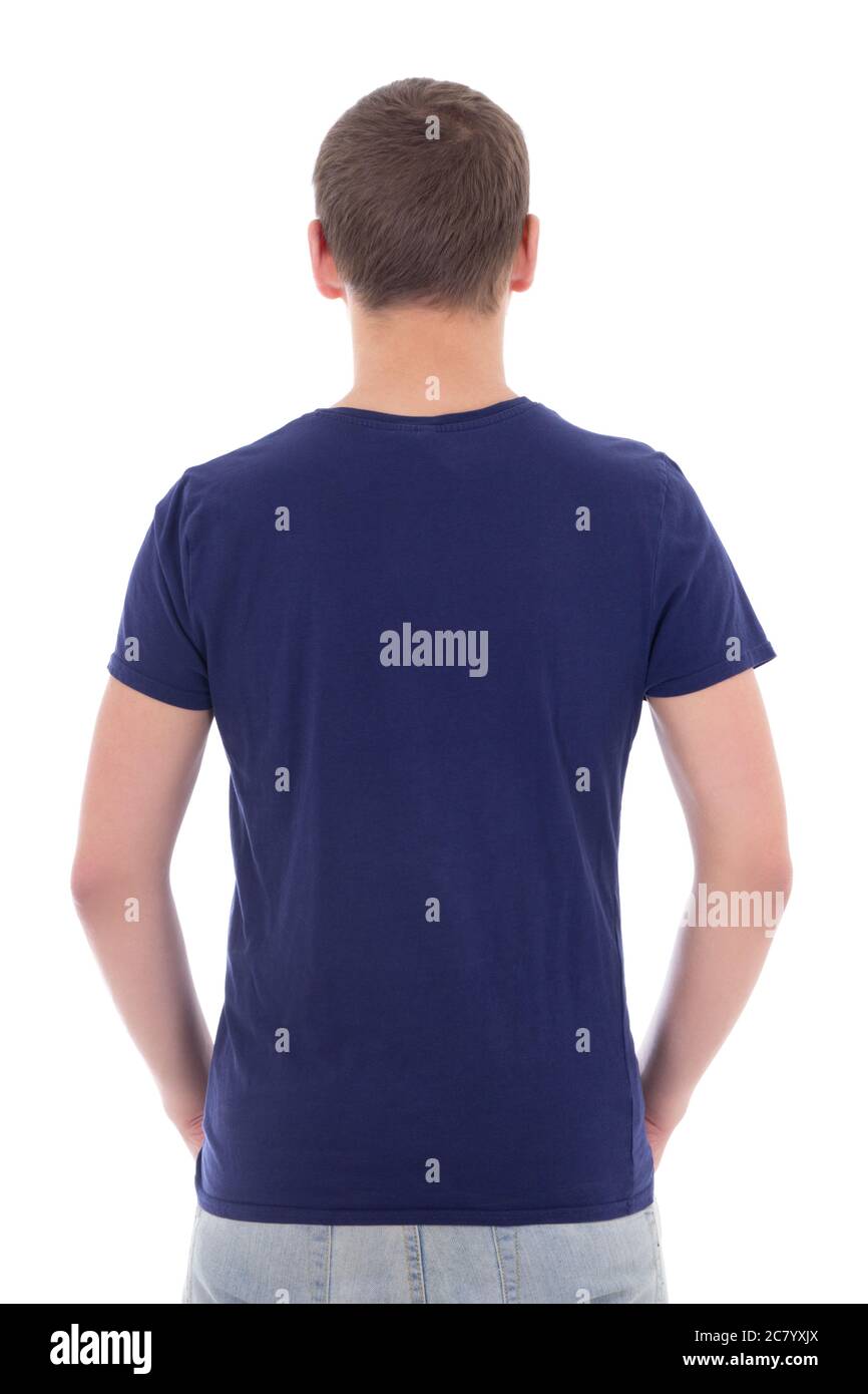 back view of young man in blue t-shirt isolated on white background ...