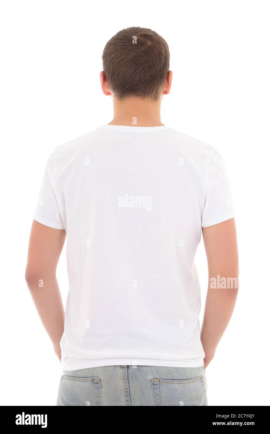 back view of white t-shirt on a young man isolated Stock Photo - Alamy