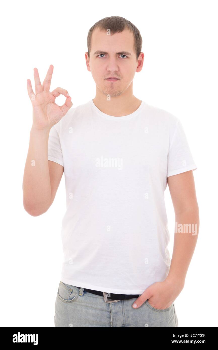 young attractive man showing okay sign isolated on white background ...