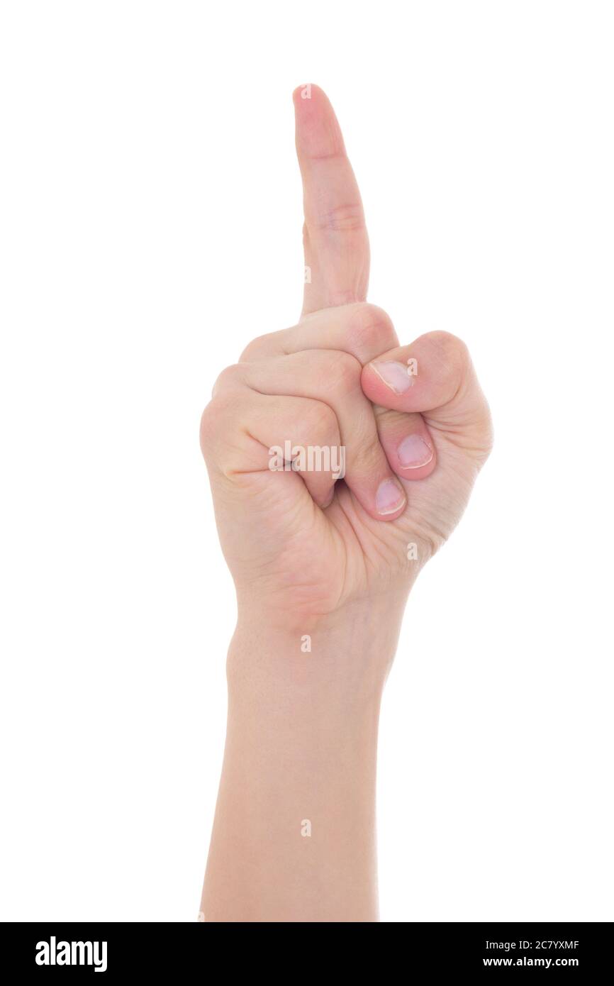 male hand pointing upwards isolated on white background Stock Photo - Alamy