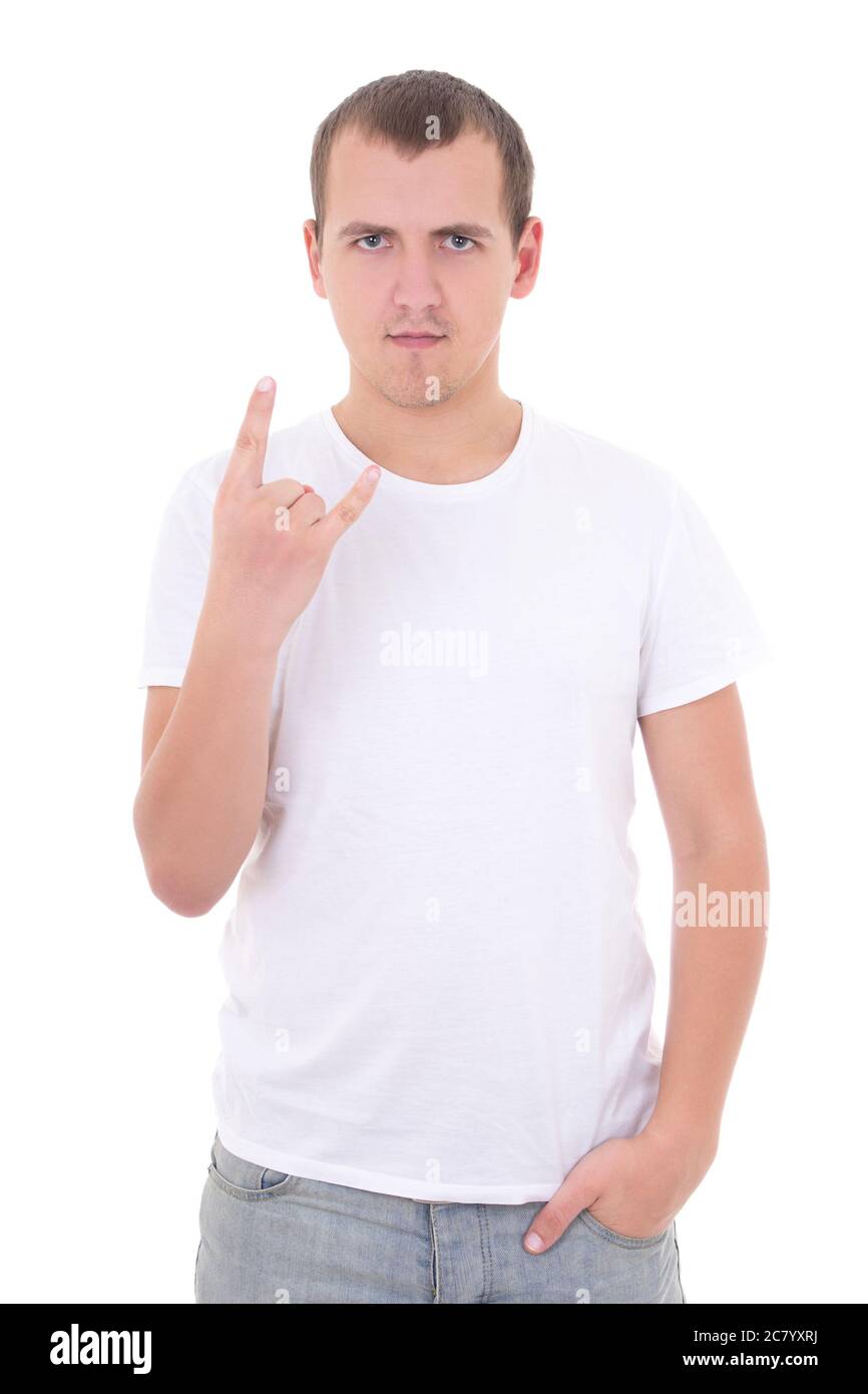 young man showing heavy metal rock-n-roll sign isolated on white ...