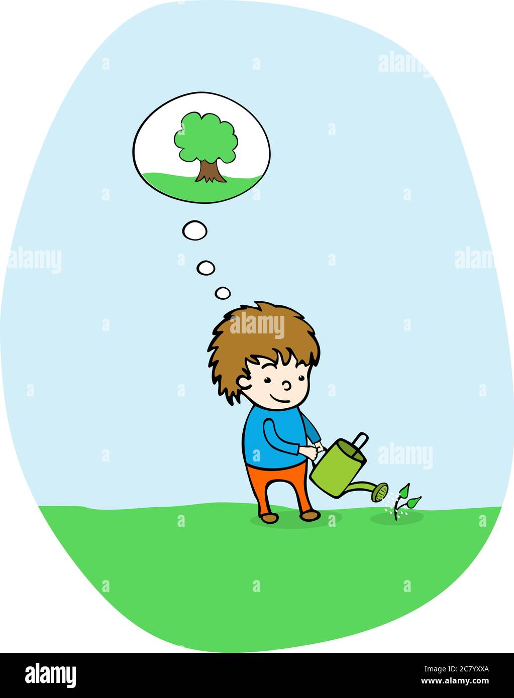 Cute cartoon boy planting a tree and thinkong of how big it will grow ...