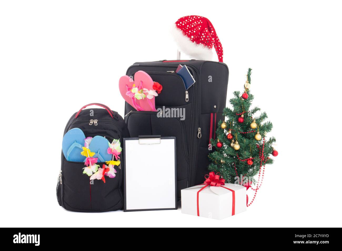 christmas trip - suitcase and packpack, giftbox, wishlist and christmas ...